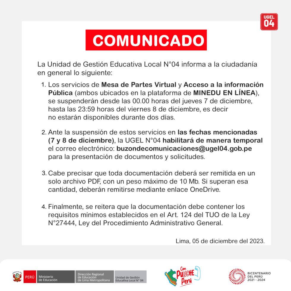 Comunicado | UGEL 04